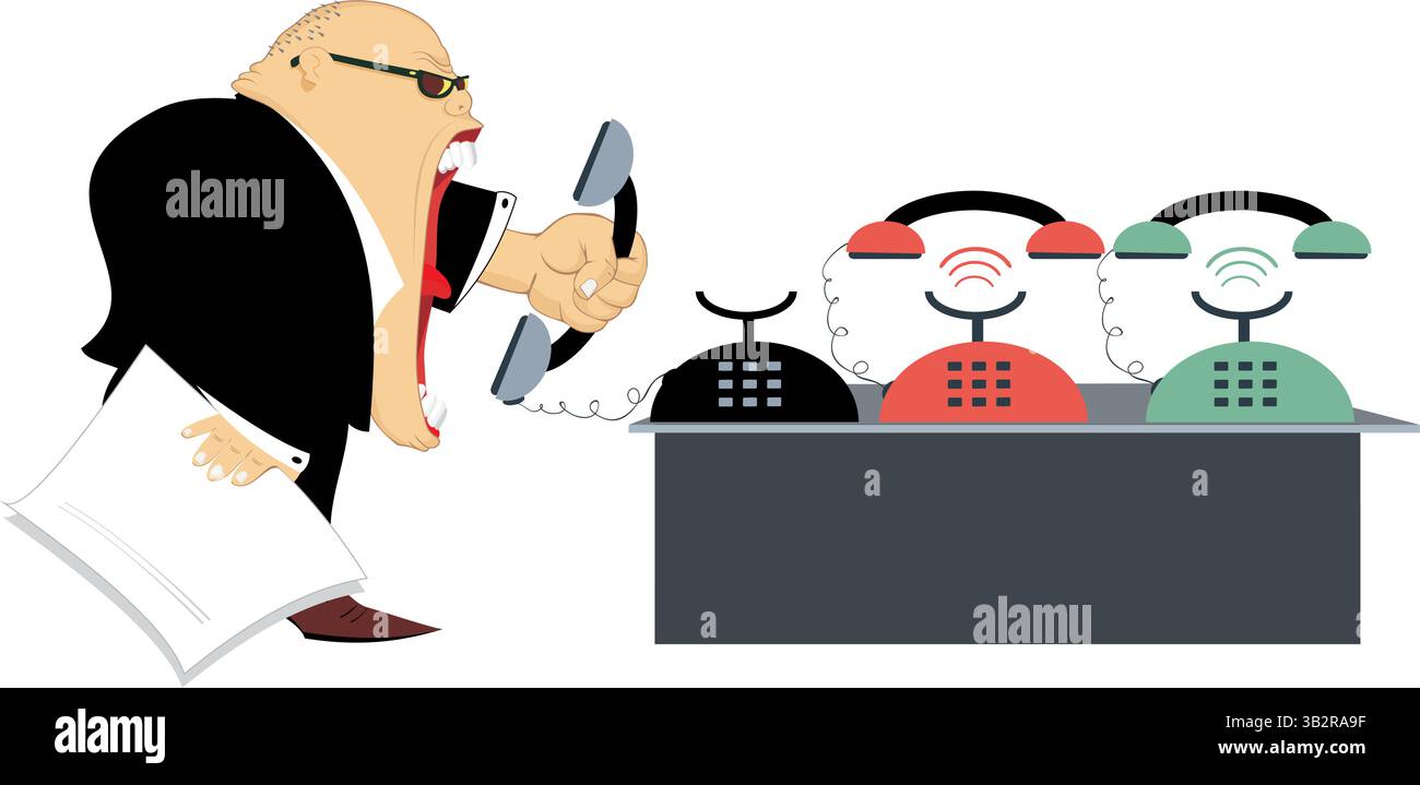 Angry boss talking on telephone. Office. Ringing telephones. Angry man ...