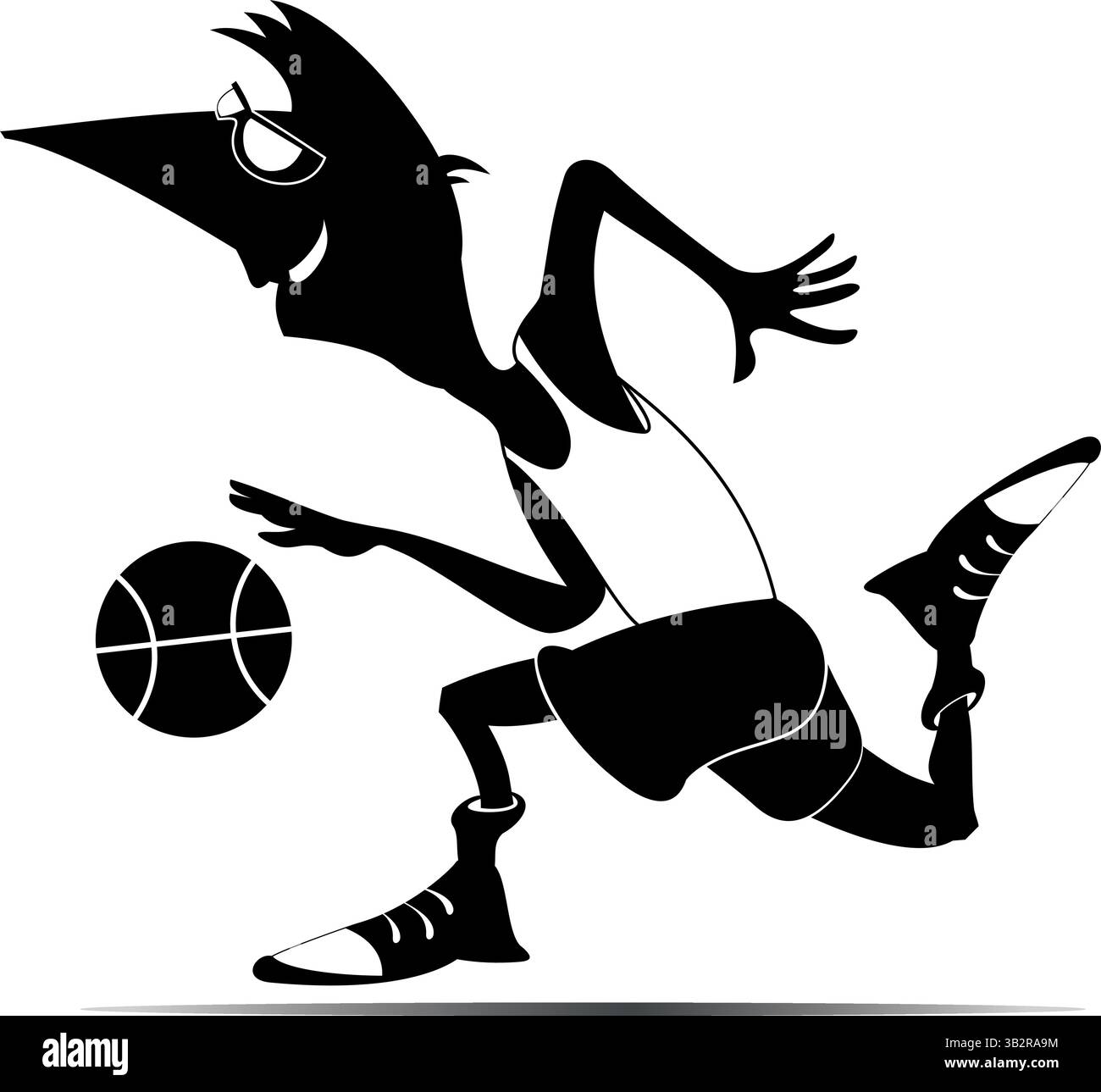 Smiling man playing basketball. Cartoon man plays basketball. Black and ...