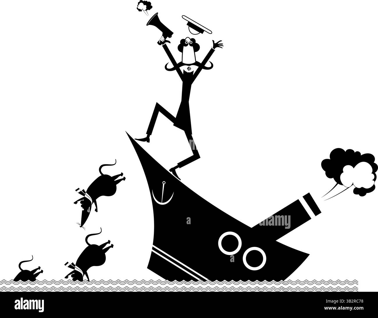 Panic. Captain on the sinking ship. In panic captain with megaphone ...