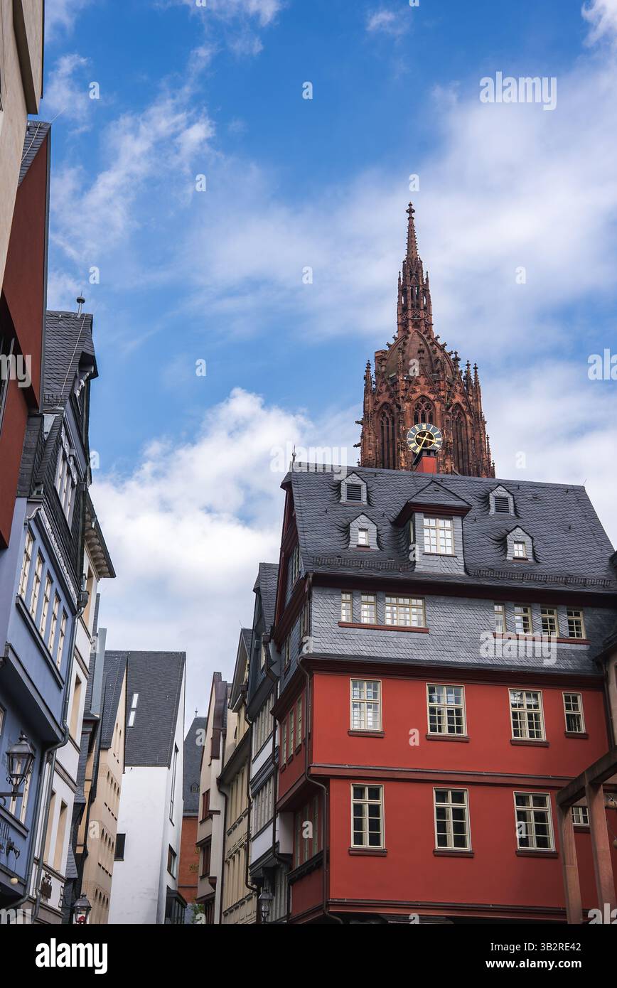 Frankfurt Street with Half Timbered Buildings and Cathedral Spire Stock ...