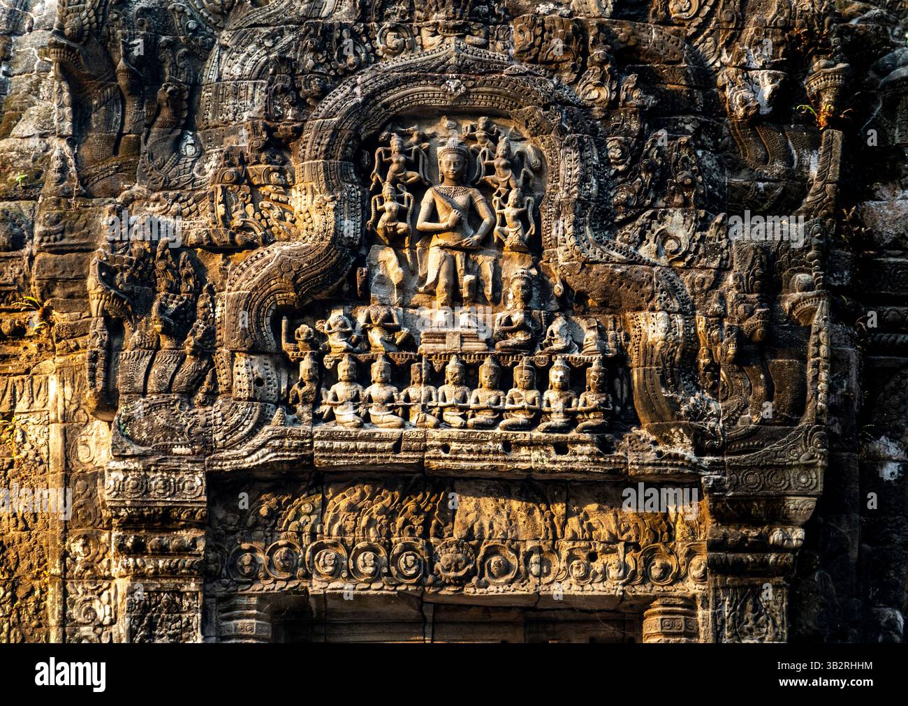 Intricate stone carvings depicting deities and figures on an ancient ...
