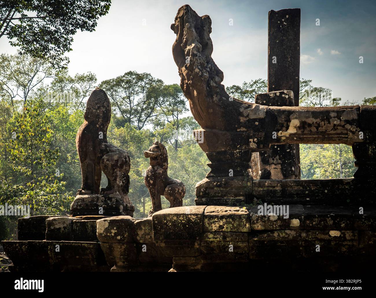 Ancient stone ruins with intricate carvings, featuring lion and ...