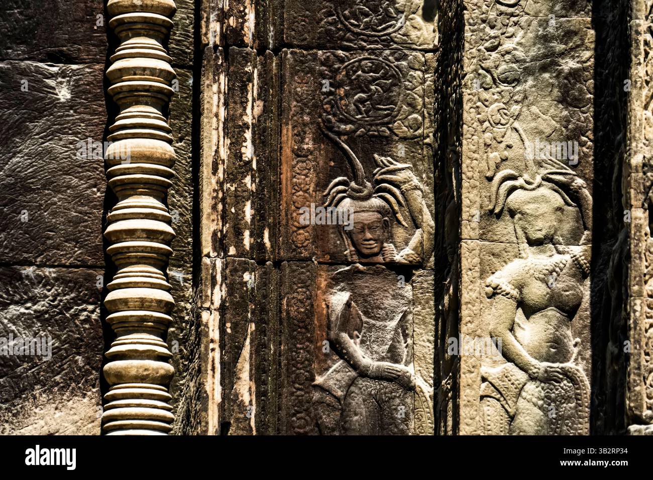 Intricate stone carvings on ancient temple walls, showcasing detailed ...