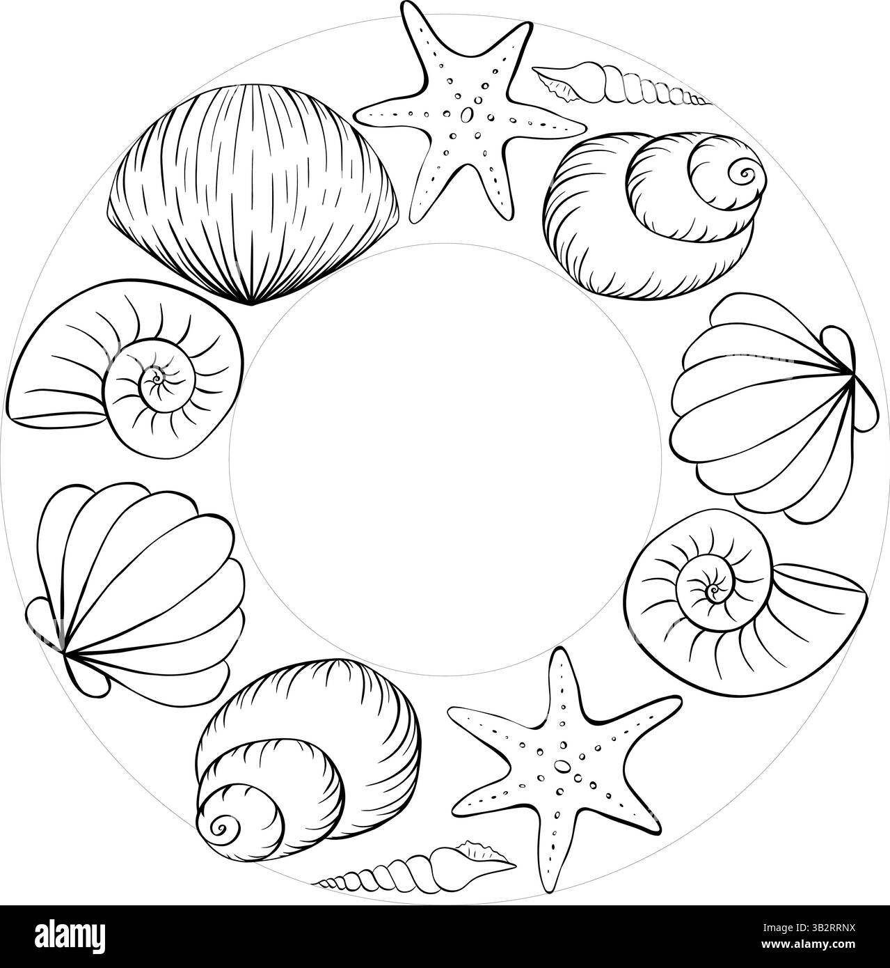 Seashell circle round frame template for text. Vector graphic line ink ...