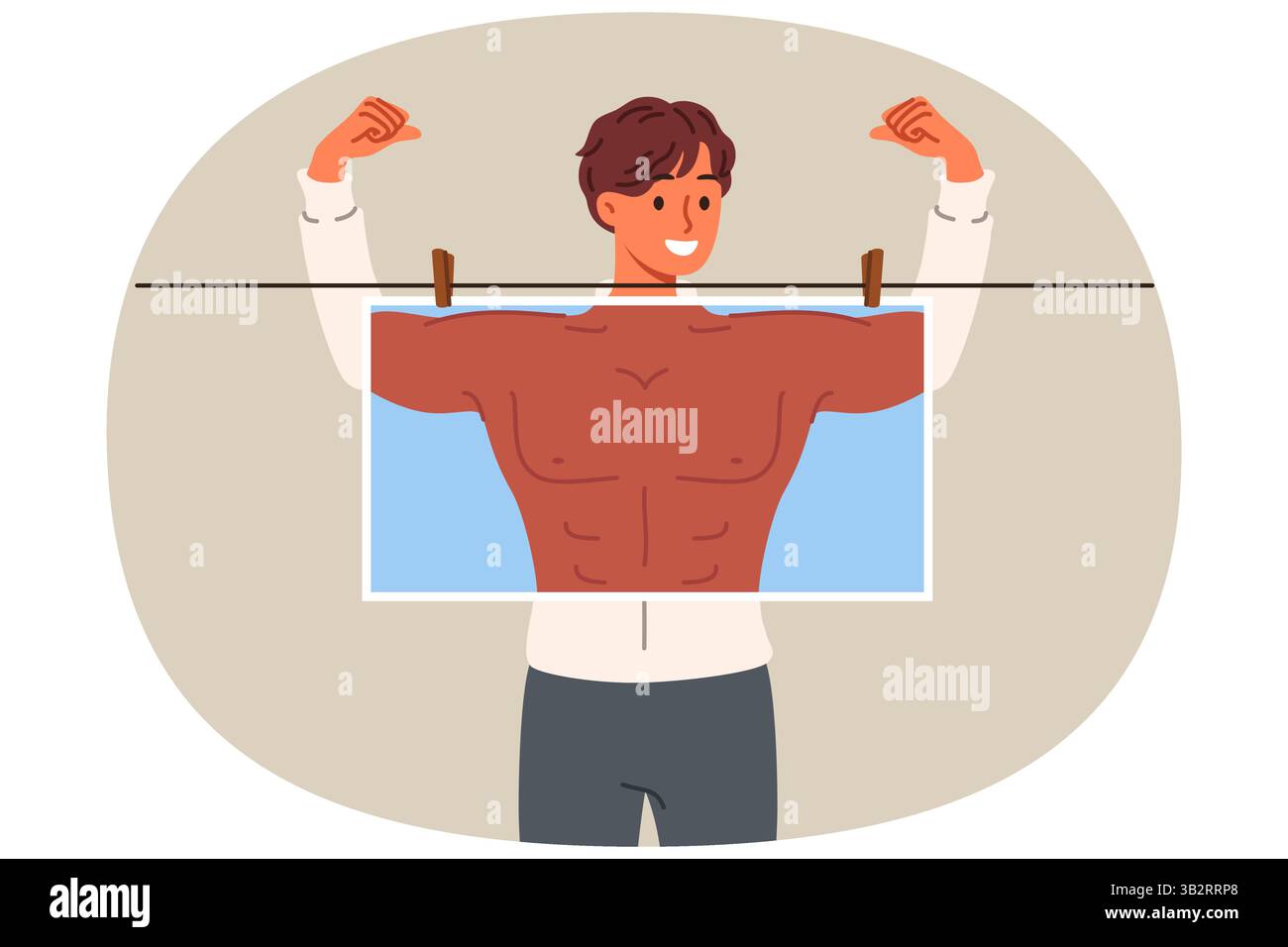 Man bodybuilder dreams of pumped up muscles and ripped abs, hiding ...