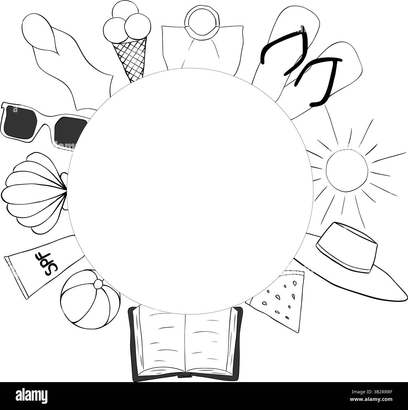 Beach essentials circle round frame template for text. Vector graphic ...
