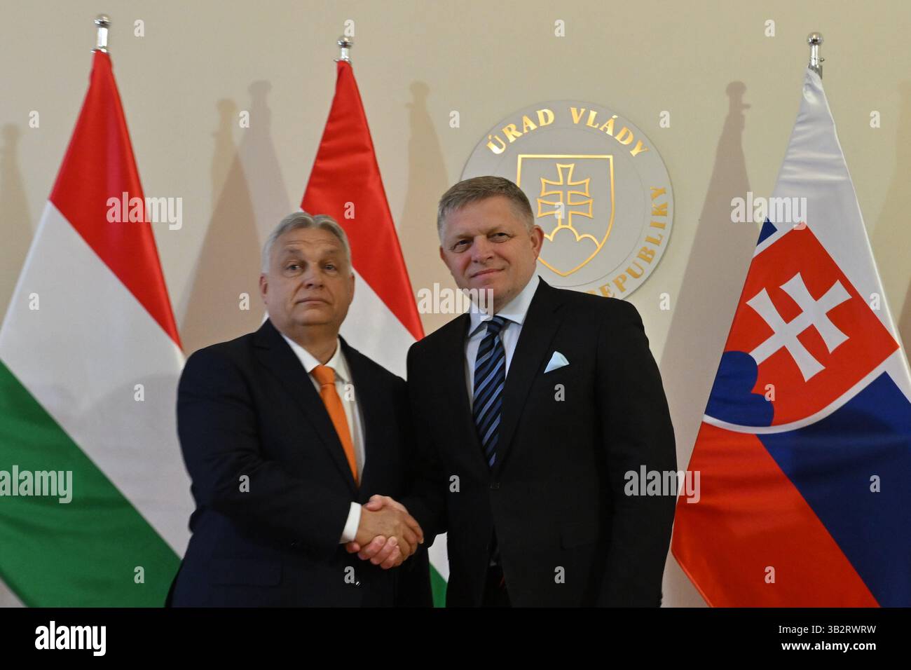 Bratislava, Slovakia. 28th Apr, 2025. From left Hungarian Prime ...