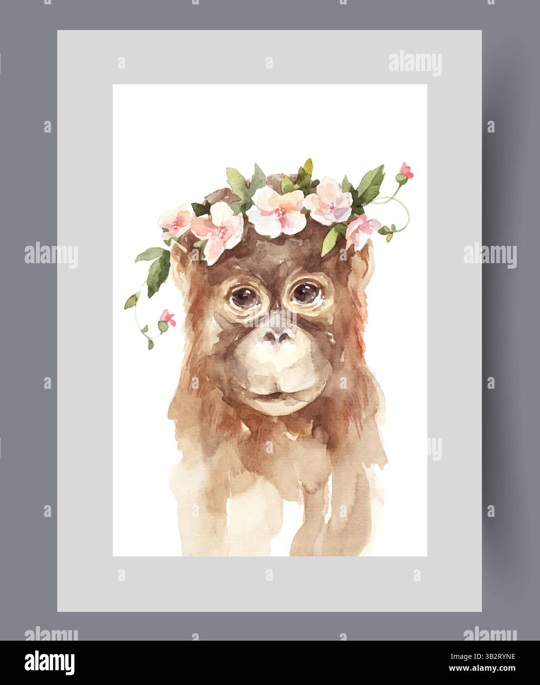 Orangutan monkey with cute facial features and flowers decorating head ...