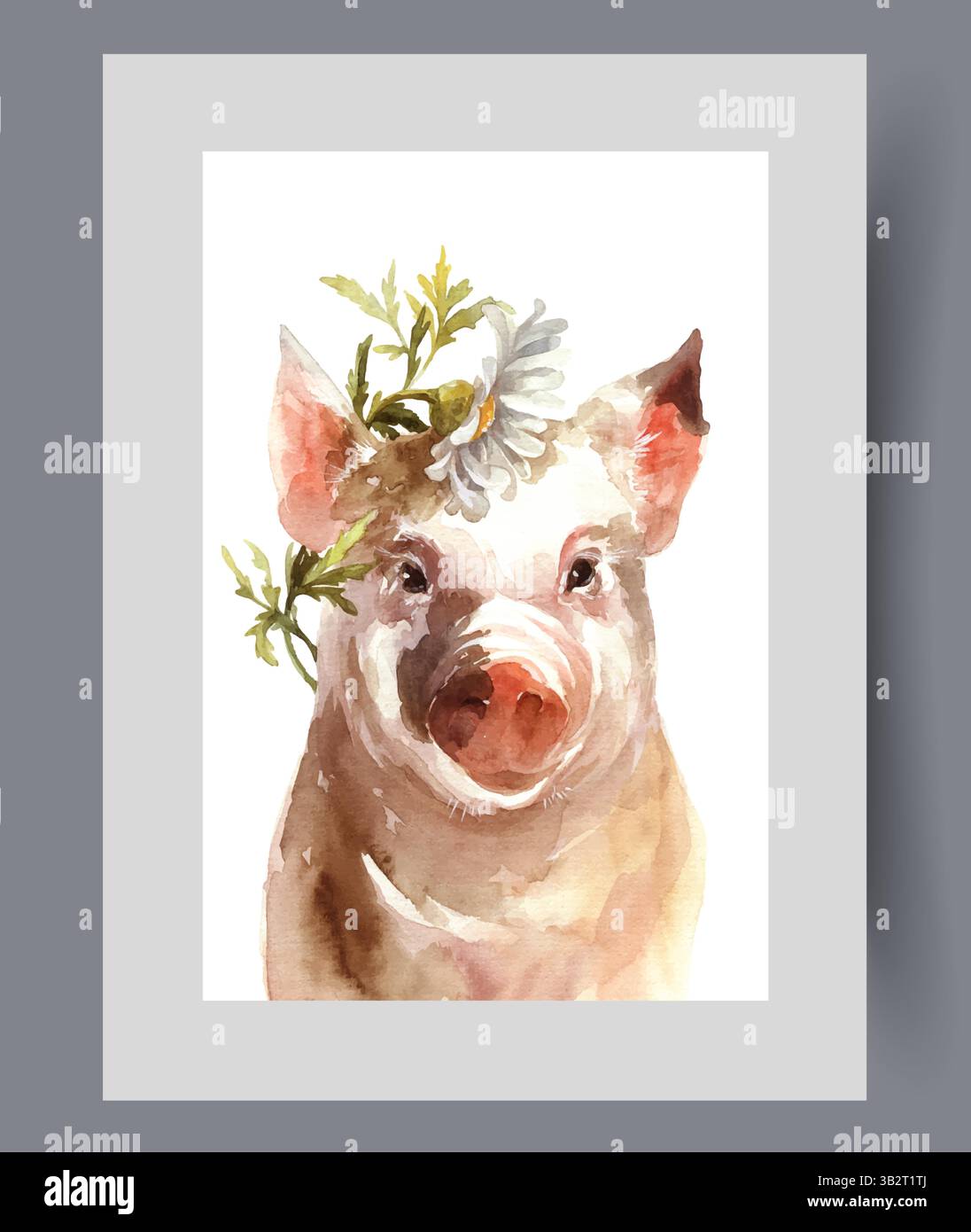 Small pig or adult boar with spring flower above its muzzle on print ...