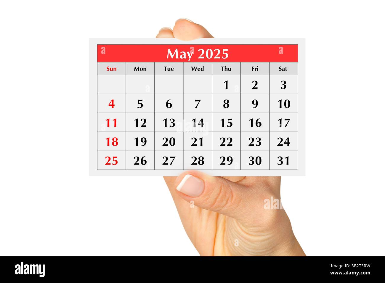 Page of the annual monthly calendar may 2025 in hand. Isolated on white ...
