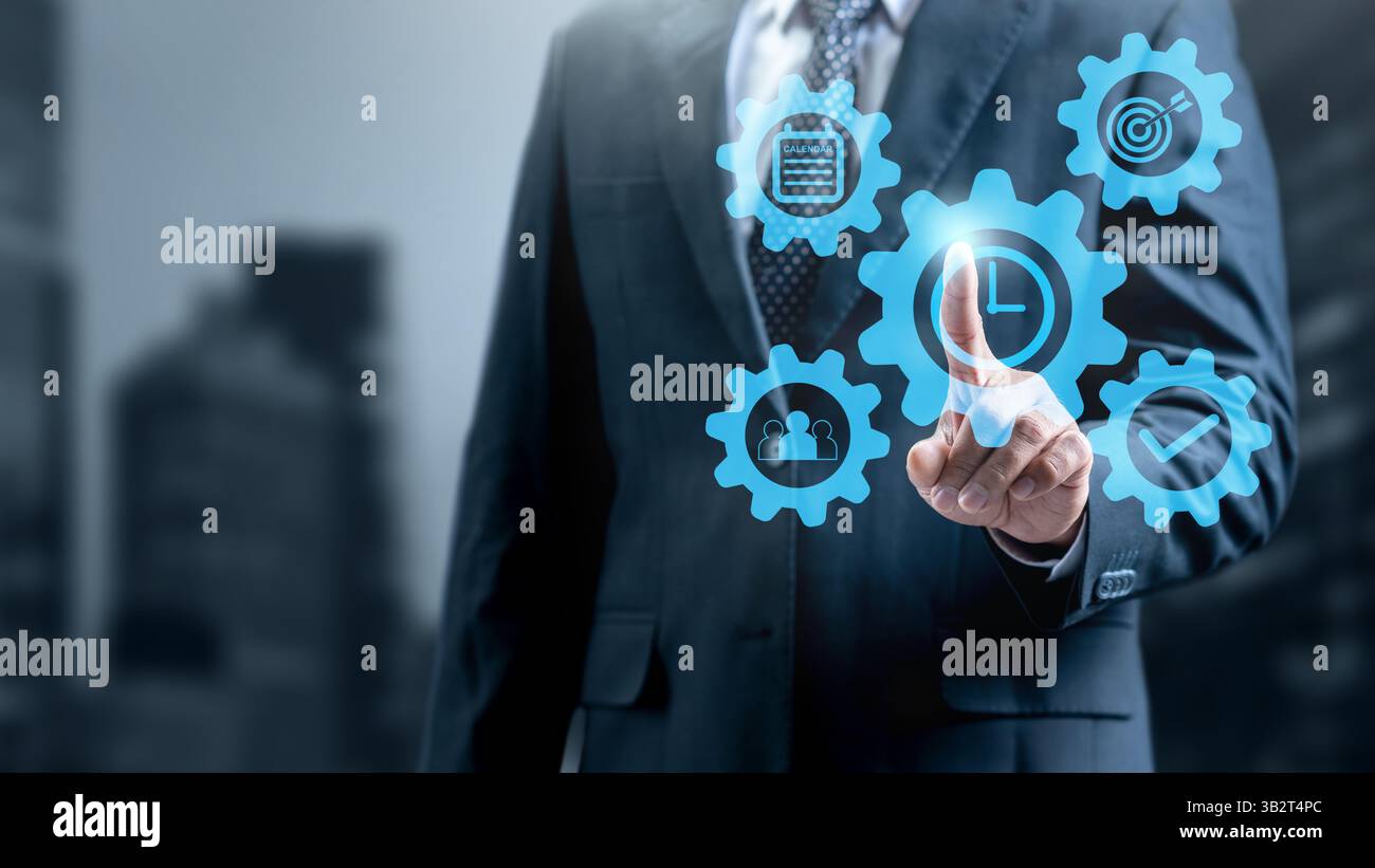 Businessman touching the scheme icon of productivity. Technology ...