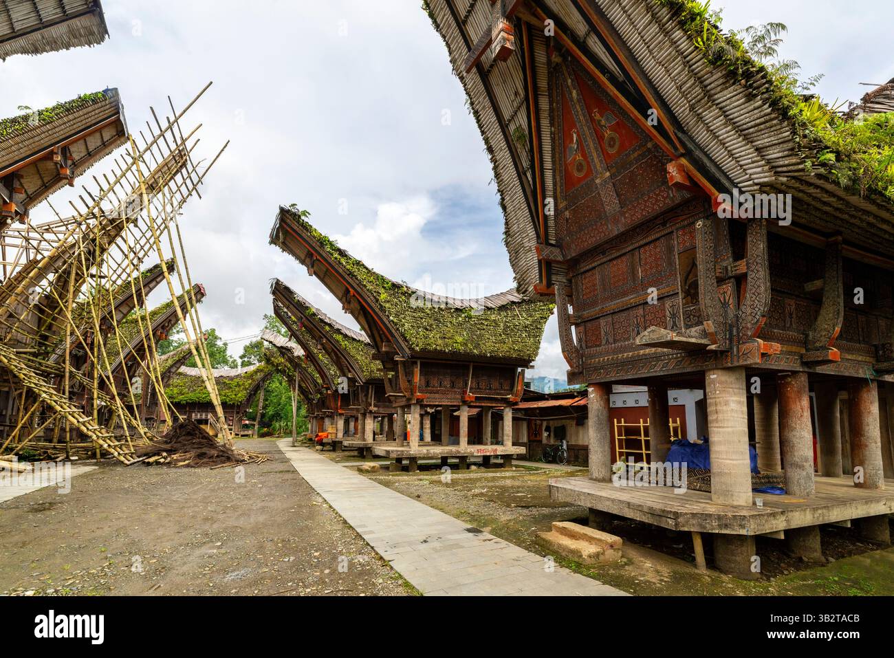 Construction of the Tongkonan house with boat-shaped saddleback roof ...