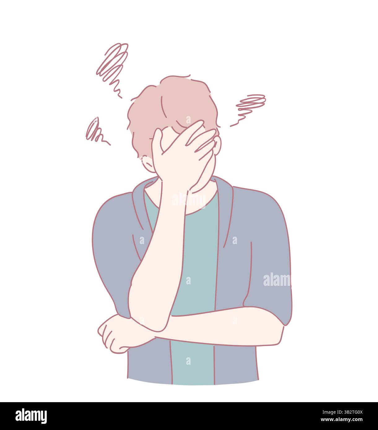 A young man, visibly frustrated, has one hand covering his face, which ...