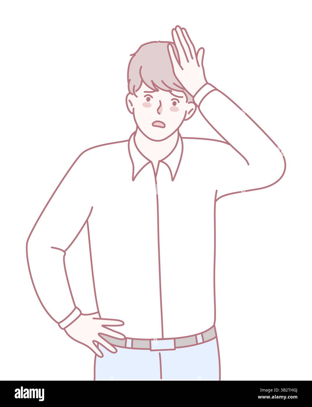 A man is showing his frustration by dramatically placing his hand on ...