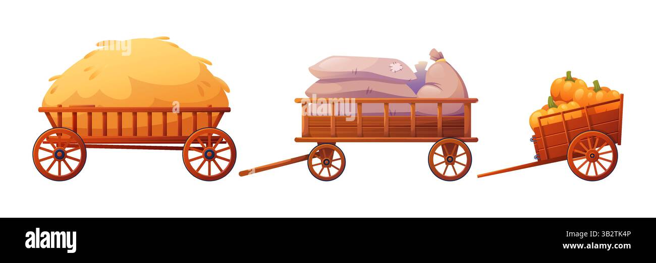 Old wagons with products. Wooden farming carts with flour, hay, pumpkin ...