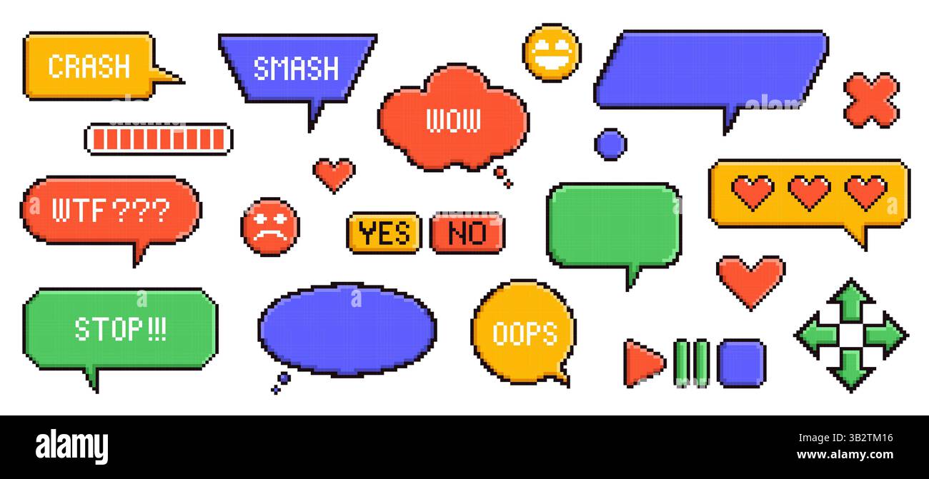 Pixel game speech bubbles. Retro computer graphic, 8 bit game design elements, dialogue text ...