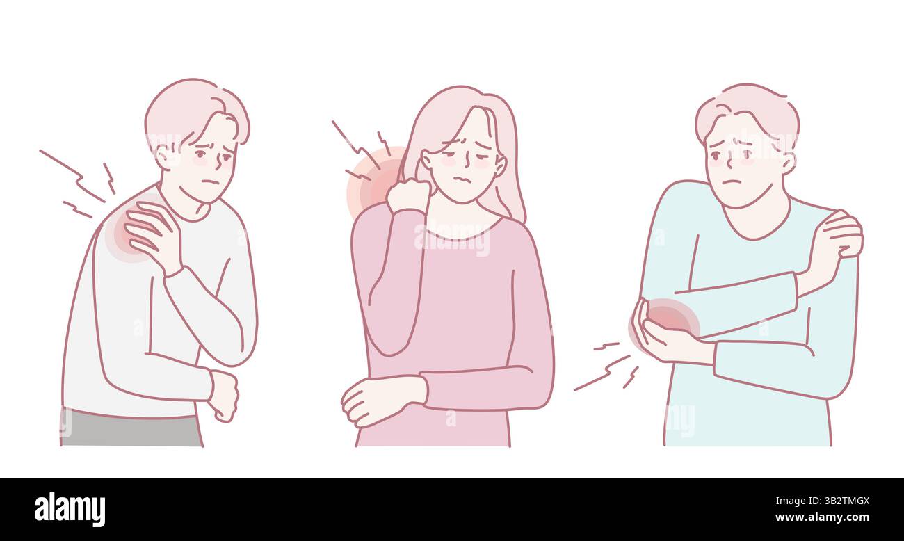Vector art depicting individuals experiencing shoulder and arm pain ...