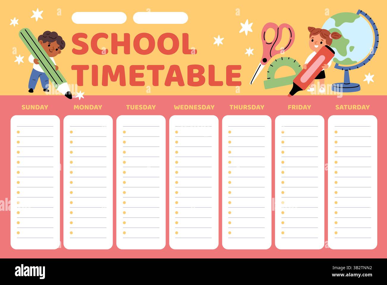 Kids school timetable. Boy and girl draw with large pencils, students ...