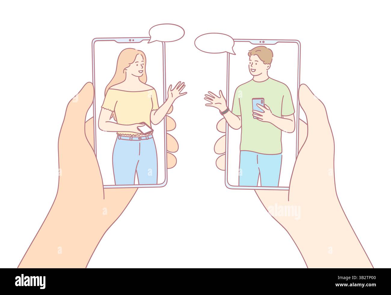 An illustration of two people video chatting on their smartphones ...