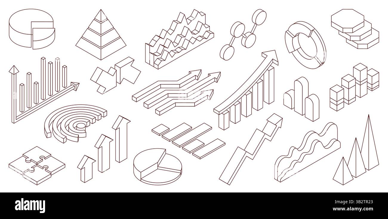 Isometric outline graphs. Data analysis charts, visual business statistics, diagram, pies, bars ...