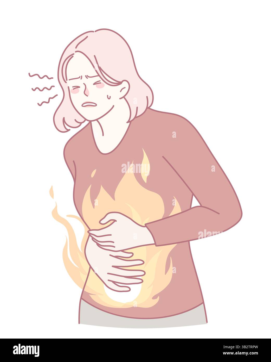 Illustration of a woman feeling abdominal pain and discomfort with ...