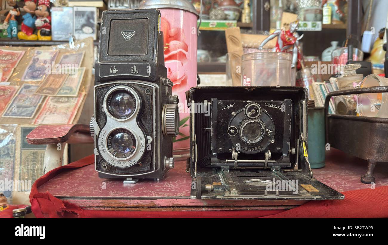 Vintage cameras displayed at a flea market in Penang, Malaysia ...