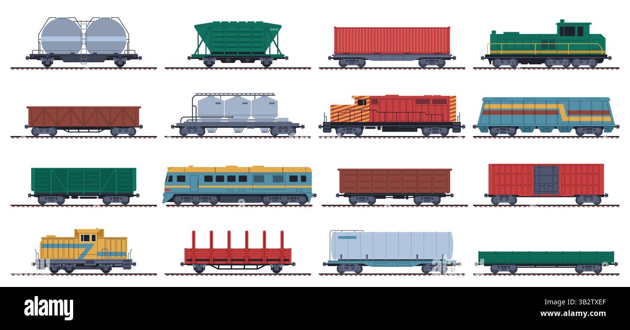 Cargo locomotives. Freight railway trains, different goods and ...