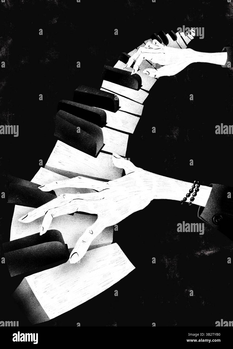 A surreal black-and-white illustration of hands playing a twisting ...