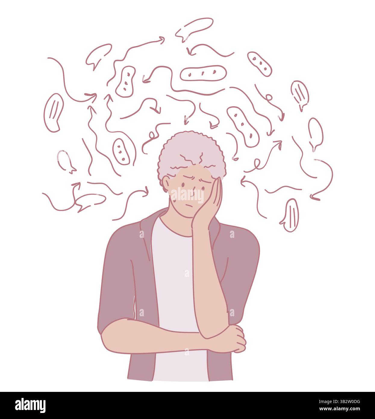 An illustration of a person overwhelmed by swirling thoughts ...