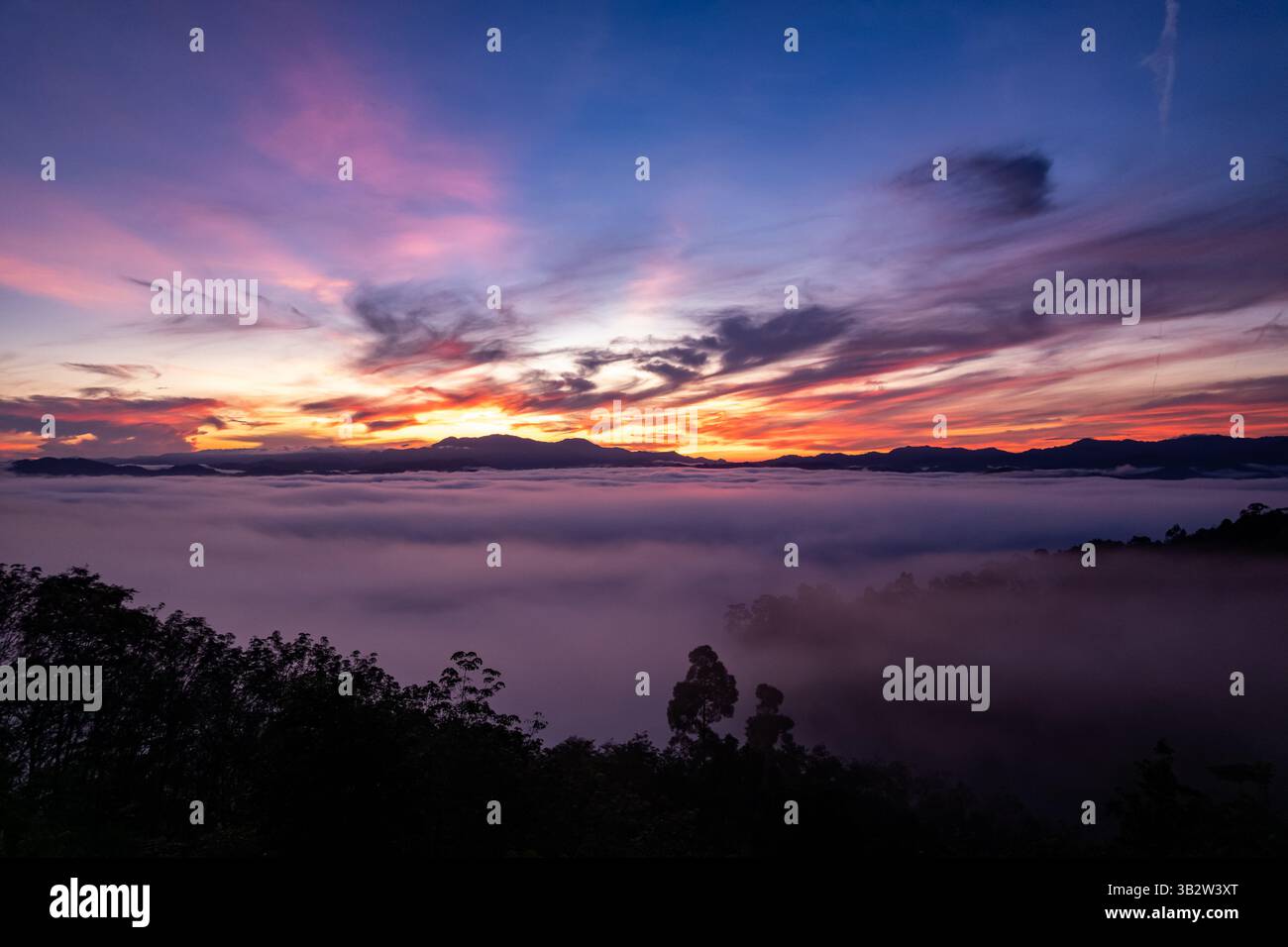 High angle view drone view of fog in rainy season over mountains ...