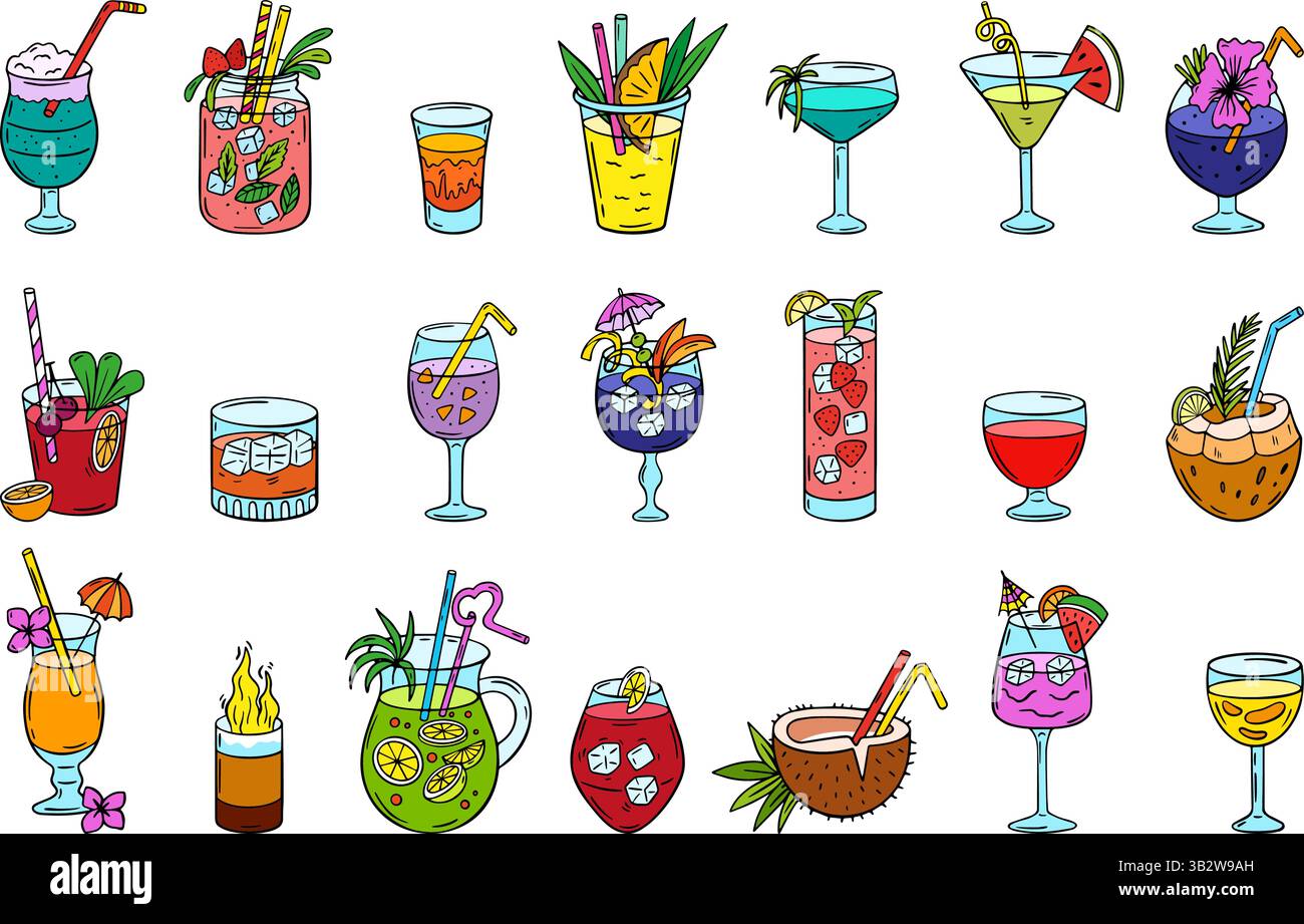 Doodle beach cocktails. Hand drawn cocktail with fruits, ice cubes ...
