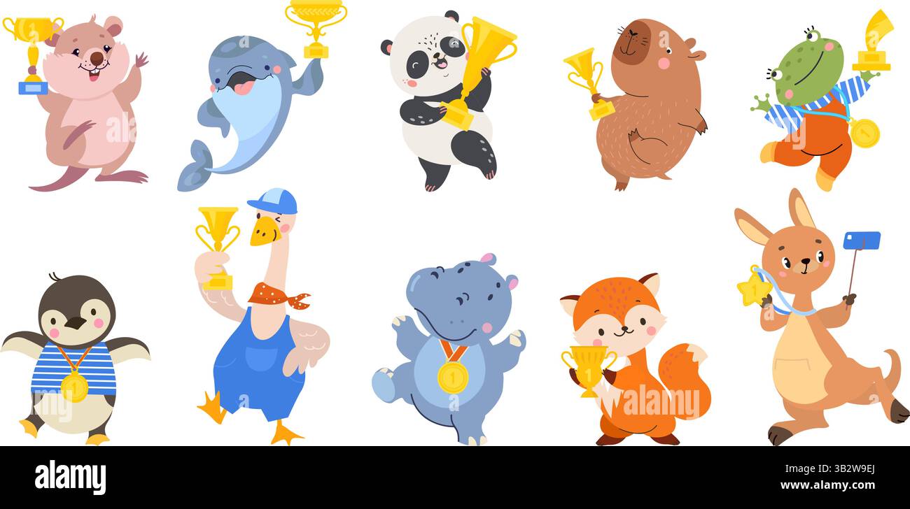 Animal with golden cup. Cartoon panda capybara frog goose fox holding ...