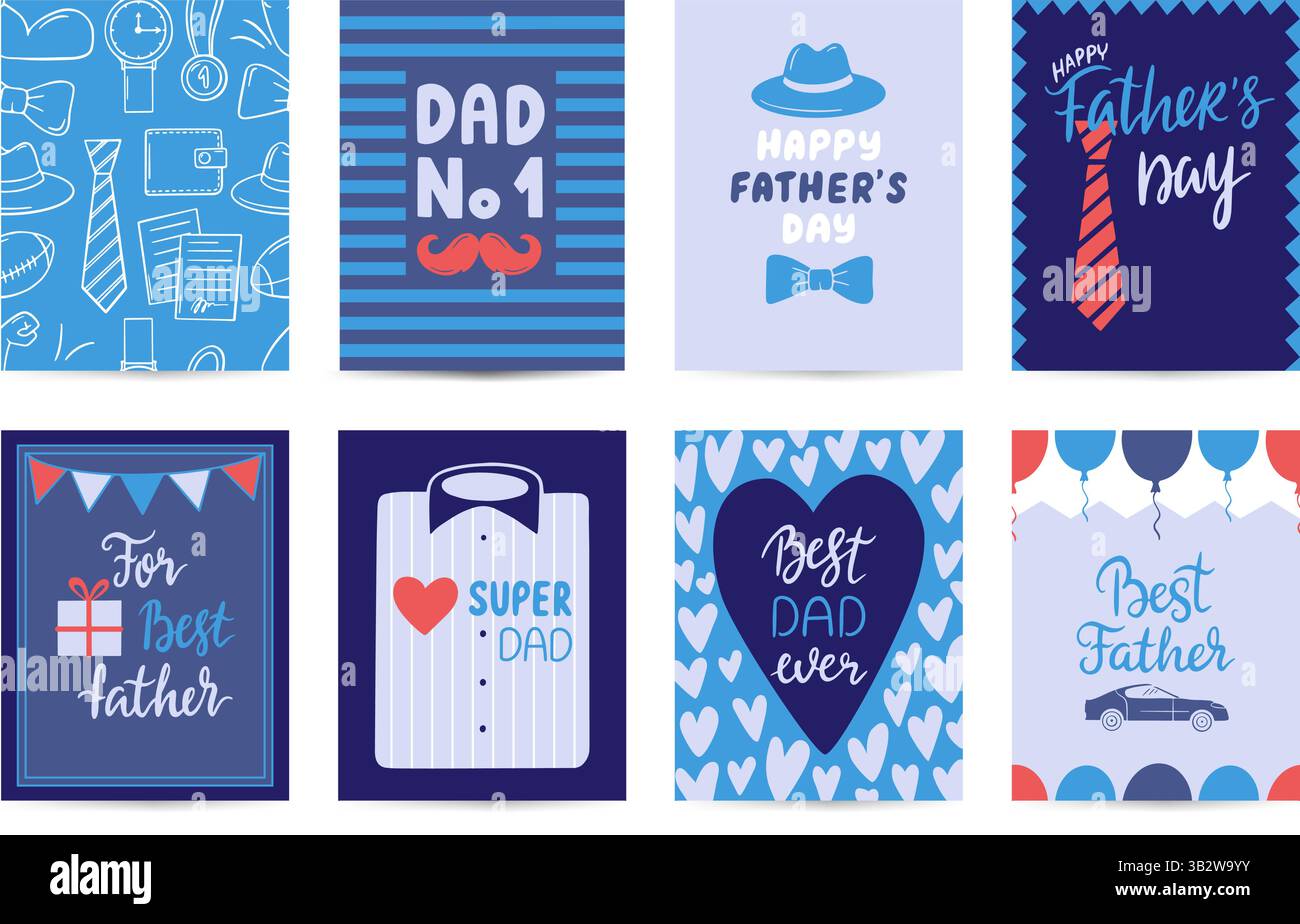Fathers day doodle cards. Congratulation for dad, postcards design with ...