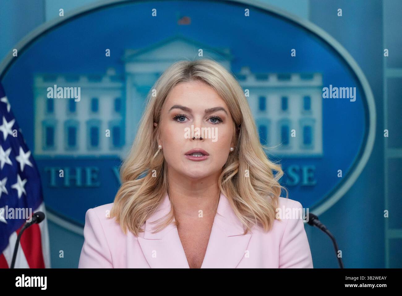 White House press secretary Karoline Leavitt speaks with reporters in the James Brady Press ...