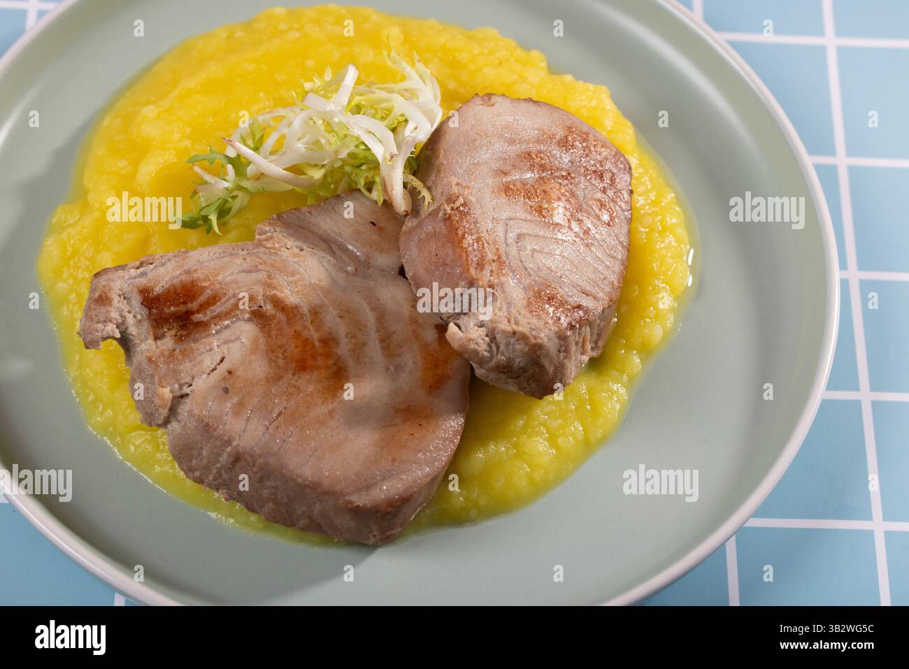 Fried piece of tuna fish on a plate with mashed potatoes in a modern ...