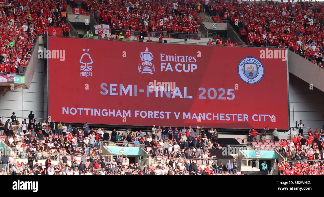 London, UK. 27th Apr, 2025. Scoreboard during FA Cup Semi-Final match ...