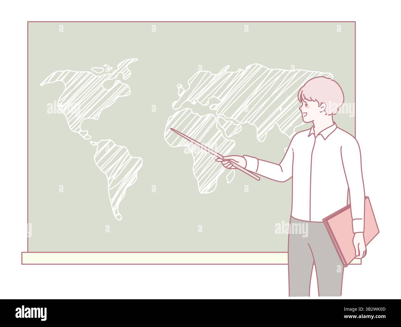 A vibrant illustration shows a teacher pointing at a world map in class ...