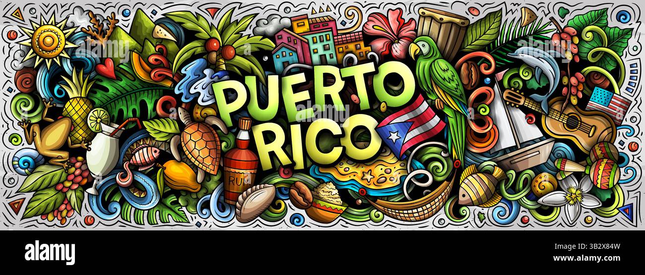 Puerto Rico cartoon doodle vector color banner design. Funny Puerto ...