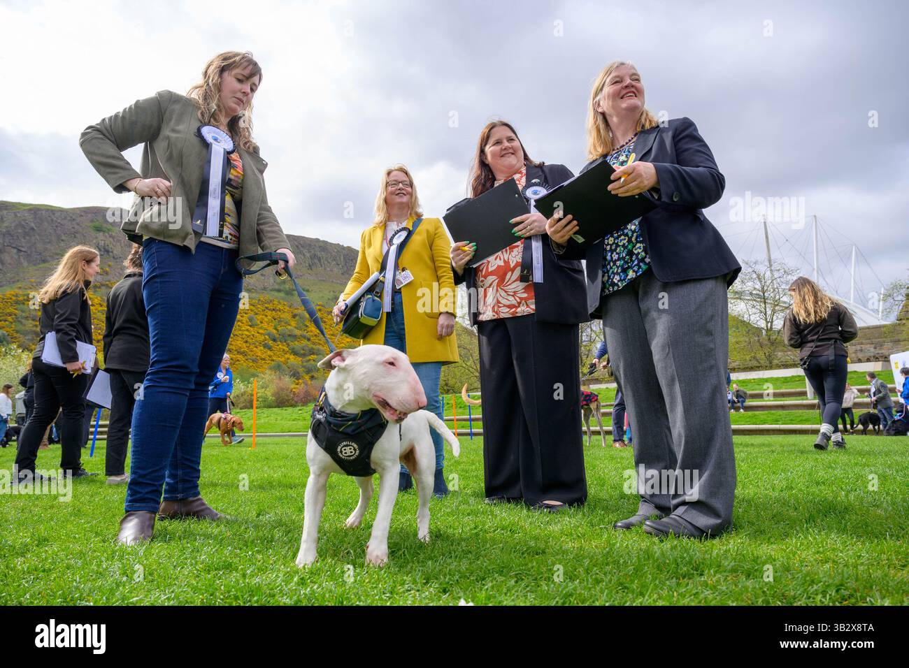 EDITORIAL USE ONLY Emma Roddick MSP and an English Bull Terrier, Sparky ...