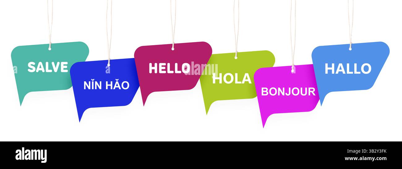 Paper speech bubbles with greetings in different languages hanging on ...