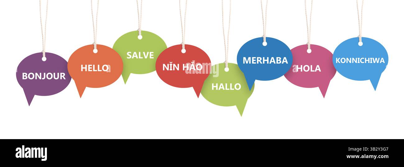 Paper speech bubbles with greetings in different languages hanging on ...