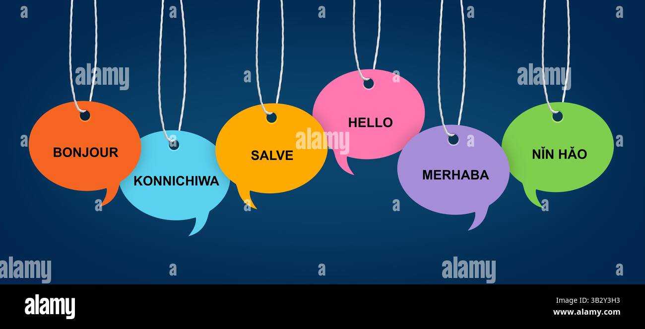 Paper speech bubbles with greetings in different languages hanging on ...