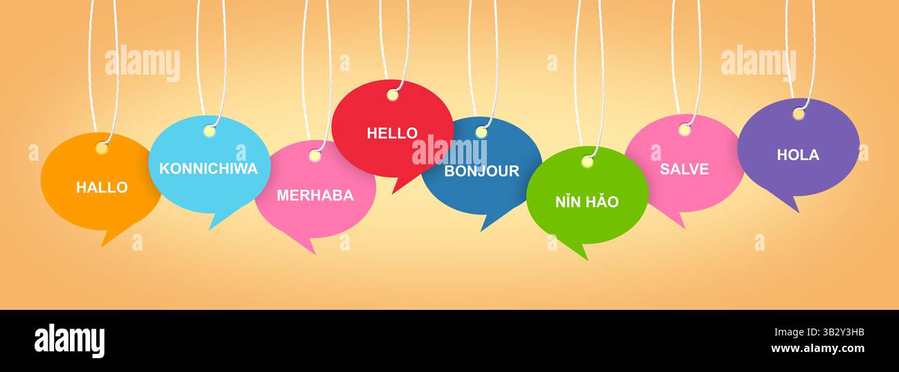 Paper speech bubbles with greetings in different languages hanging on ...