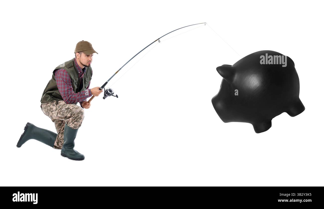 Fisherman catching piggy bank with rod on white background. Money chase ...