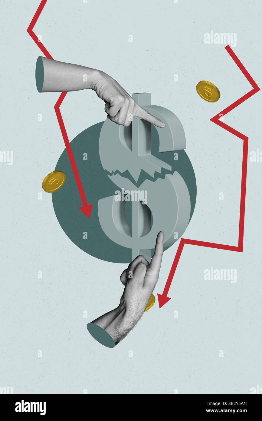 3d sketch image vertical collage of hand point broke dollar currency coin inflation regress ...