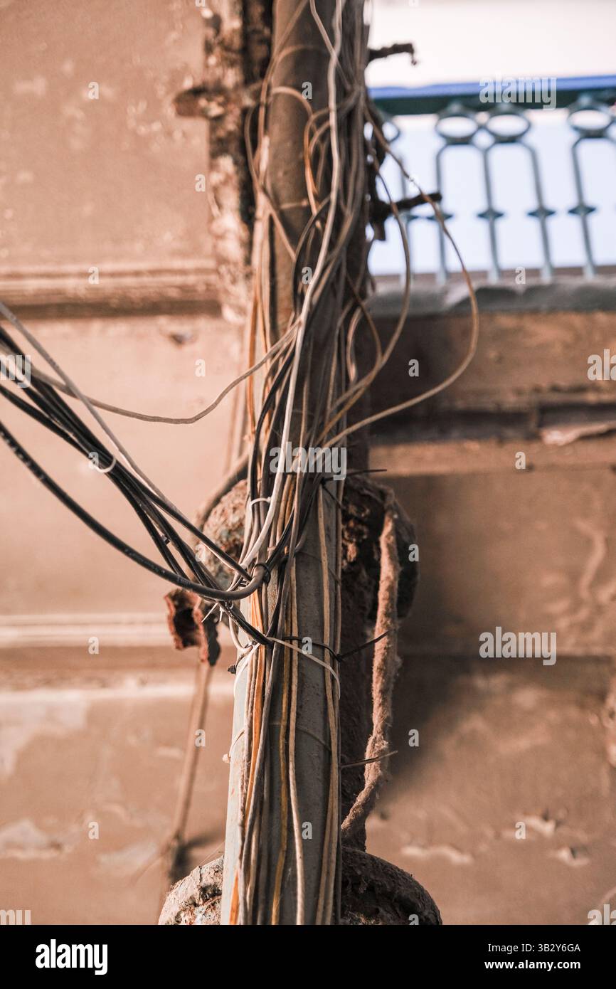 Dusty and dirty cable and wires pulled by screed Stock Photo - Alamy