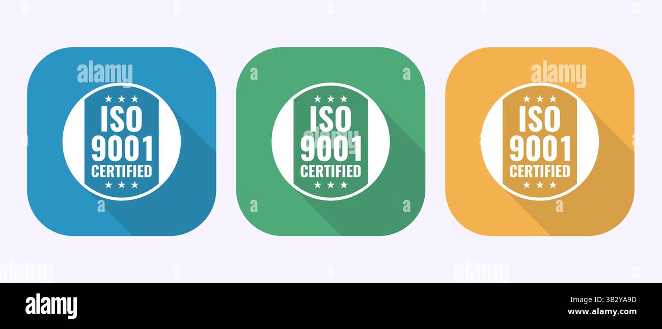 ISO 9001 certified icon design illustration, Standard quality label sign symbol in shadow button ...