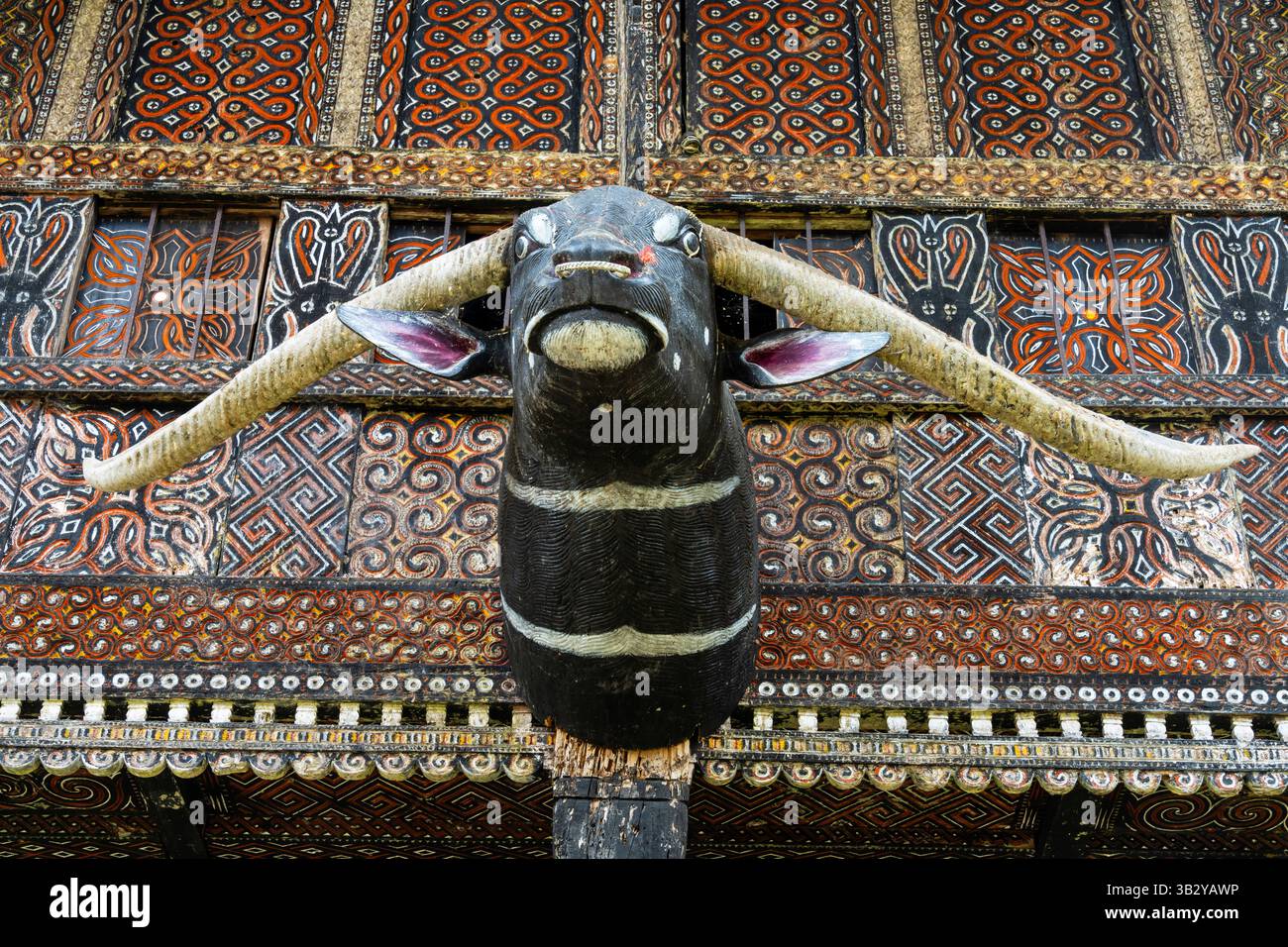Wooden Buffalo Head & Katik Rooster Symbol Toraja House. The panel ...