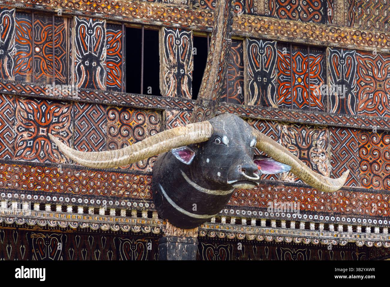 Wooden Buffalo Head & Katik Rooster Symbol Toraja House. The panel ...