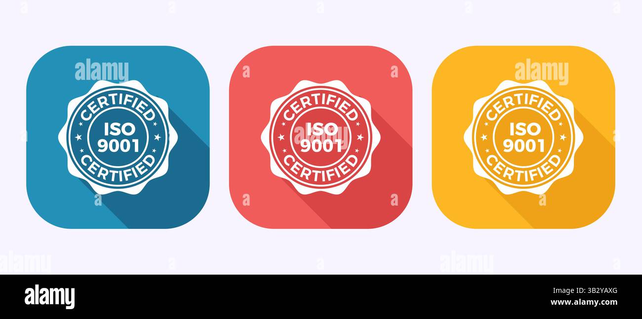 ISO 9001 certified icon design illustration, Standard quality label sign symbol in shadow button ...
